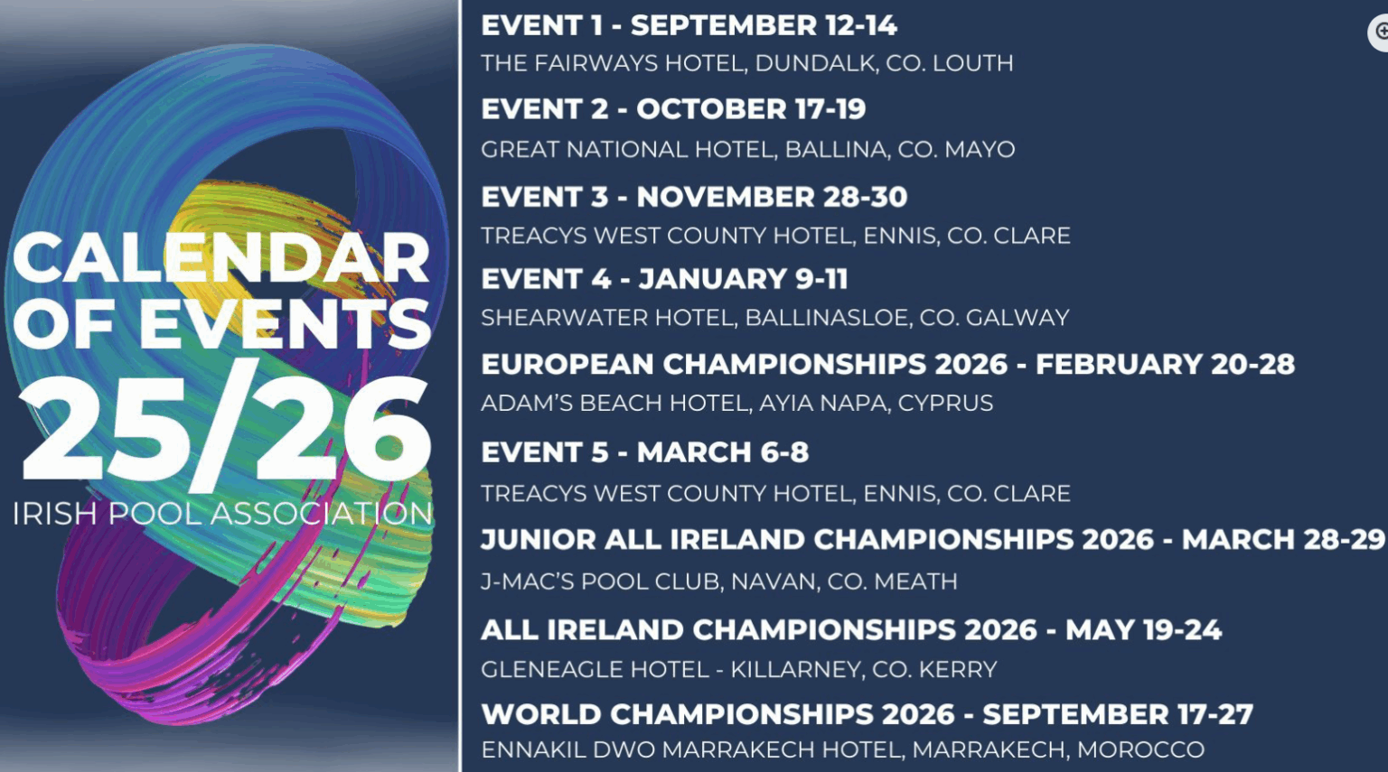 2025/2026 Season Calendar of Events – Irish Pool Association